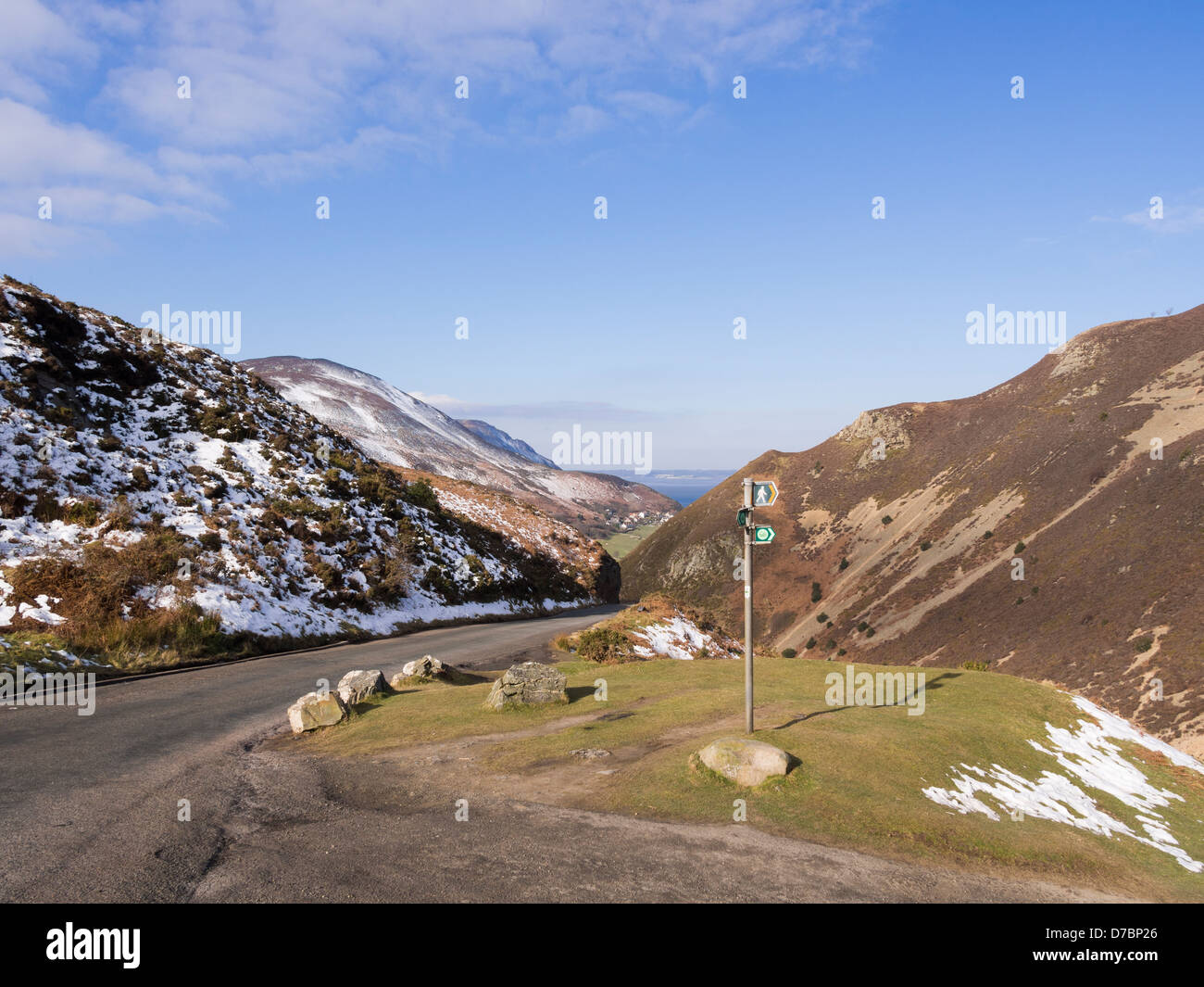 View down Sychnant Pass to coast with North Wales Path sign in ...