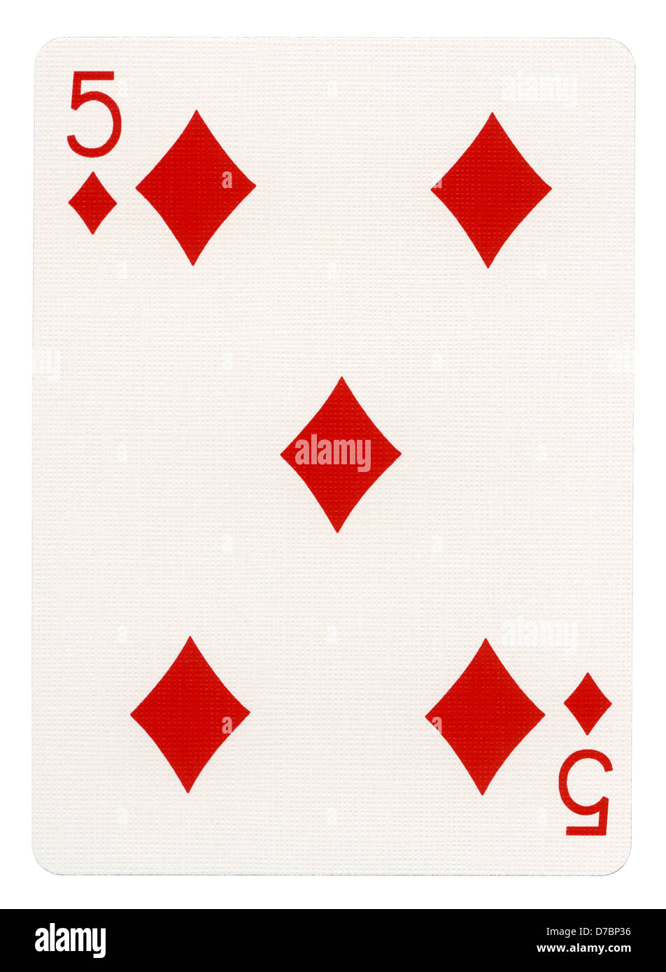 Five of diamonds playing card, isolated on white background. Scanned at ...