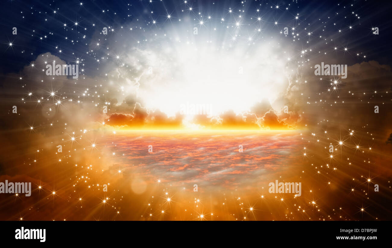 Peaceful background - beautiful sky, bright sun and stars, view on ...