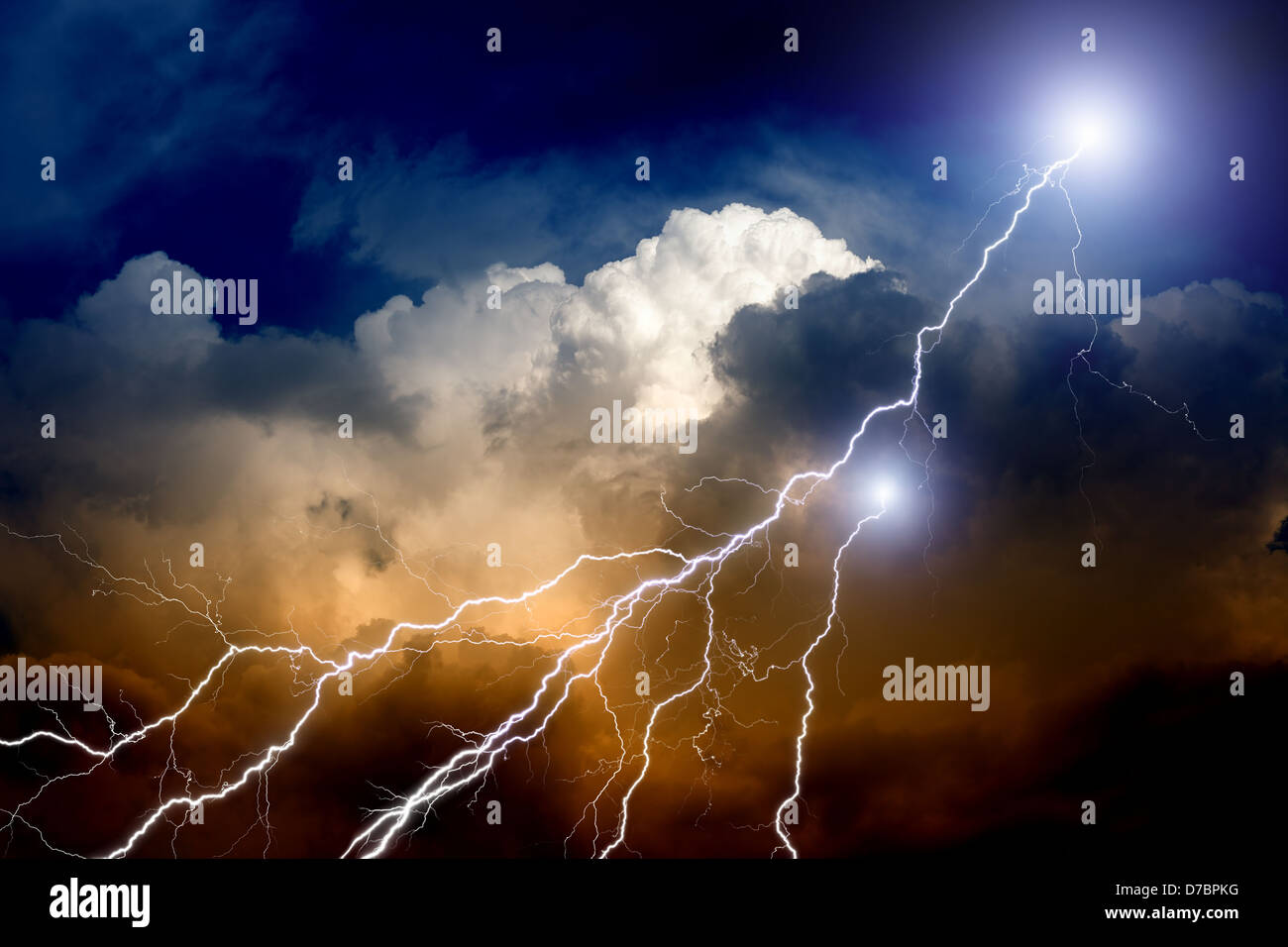 Dramatic background - lightnings in sunset sky with dark clouds Stock ...