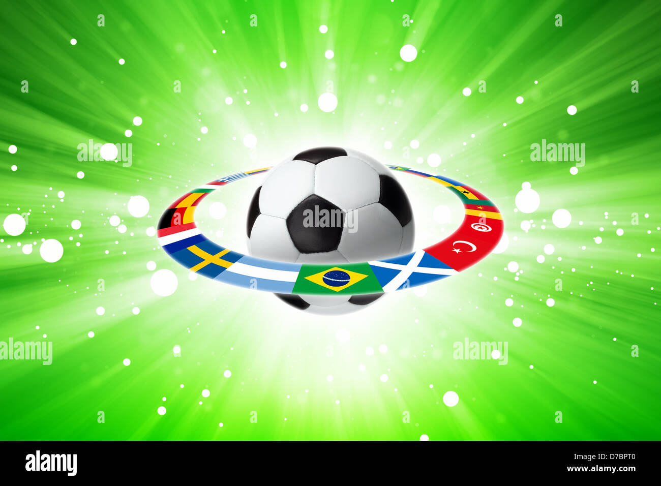 Sports background - soccer ball, bright light, flags Stock Photo - Alamy