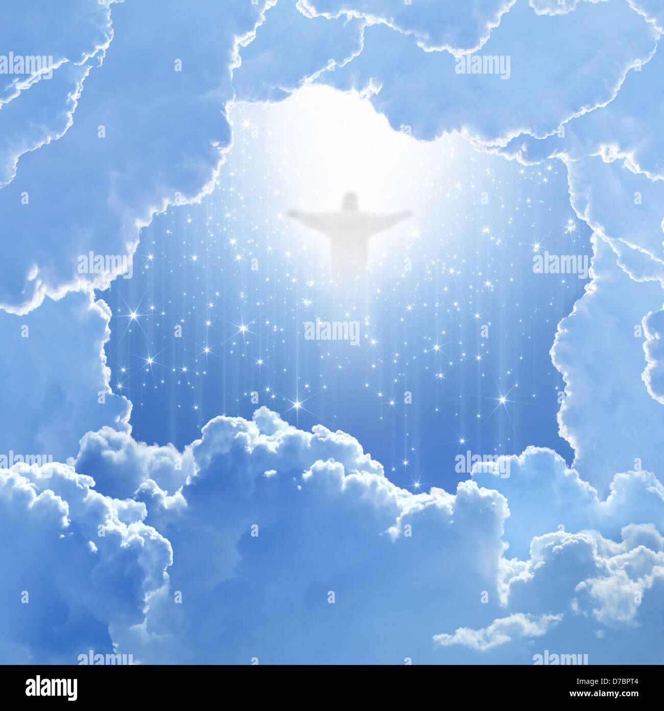 Jesus Christ in blue sky with white clouds and falling stars - heaven ...
