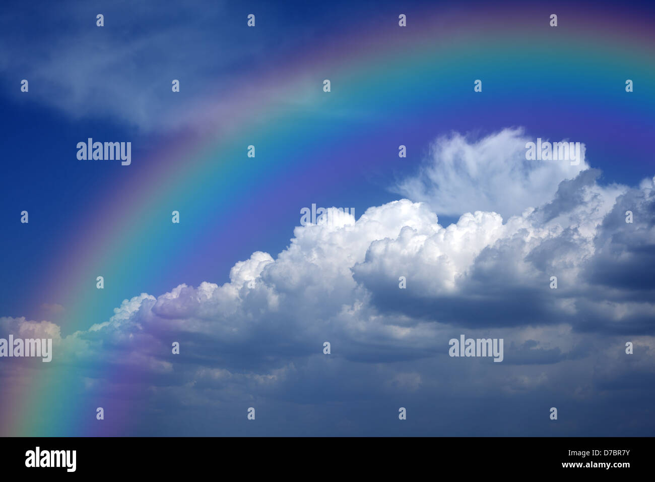Peaceful background - blue sky, white clouds, rainbow - heaven Stock ...