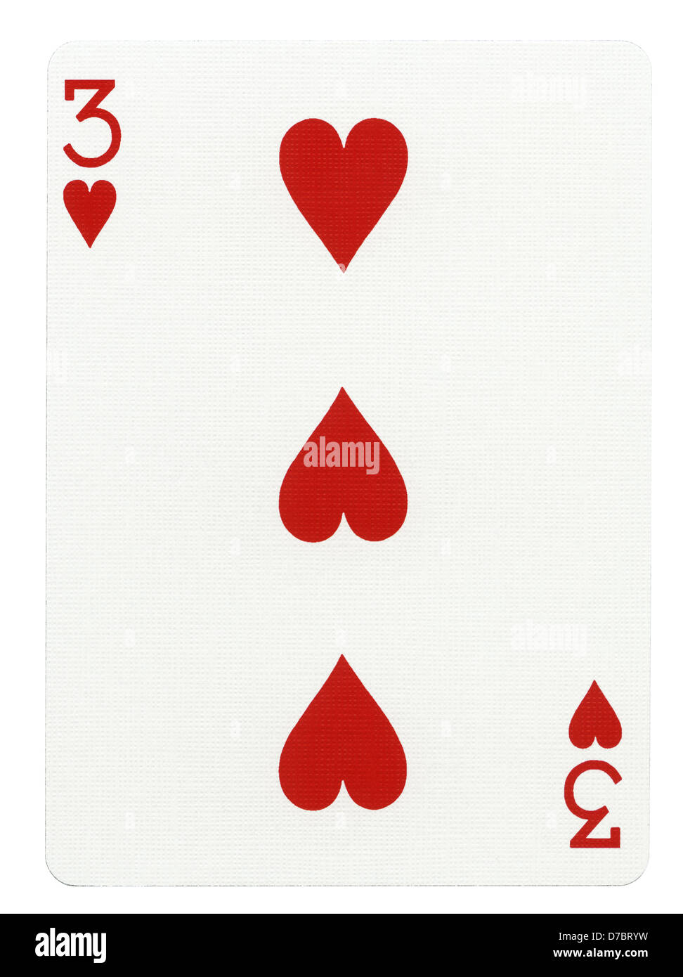 Three of hearts playing card, isolated on white background. Scanned at ...