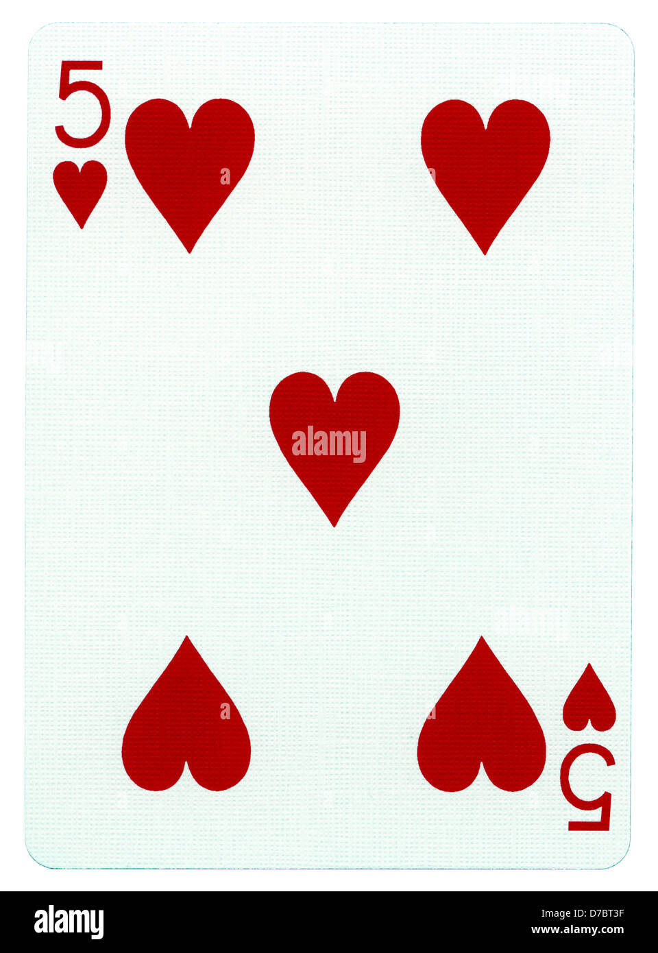 Five of hearts playing card, isolated on white background. Scanned at ...