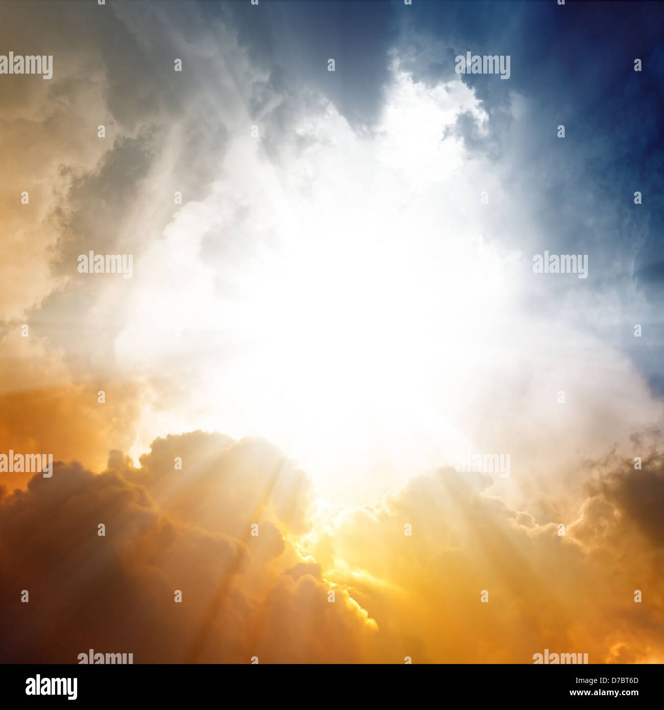 Beautiful background - sunset sky, bright sun shines through clouds ...