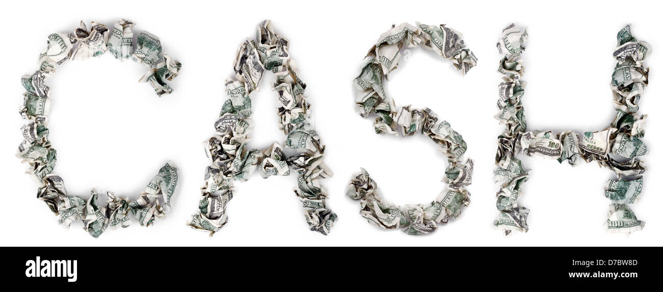 The word 'cash', made out of crimped 100$ bills. Isolated on white ...