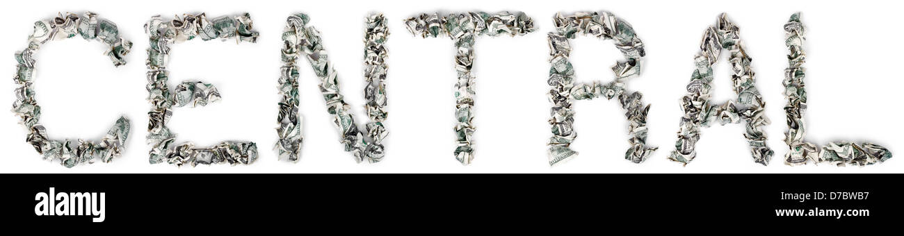 The word 'central', made out of crimped 100$ bills. Isolated on white ...