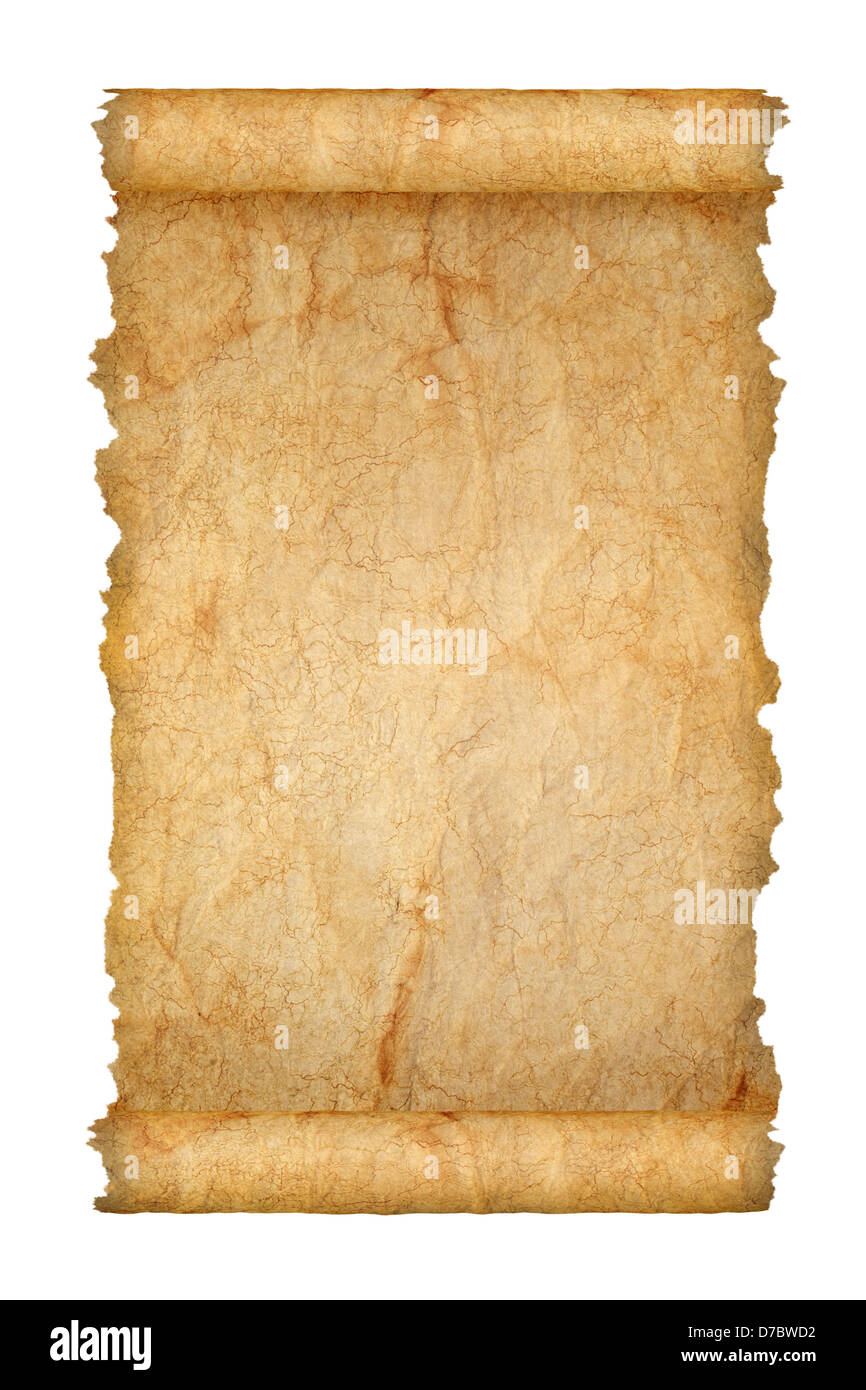 Old scroll of brown dirty paper with broken edges isolated on white ...