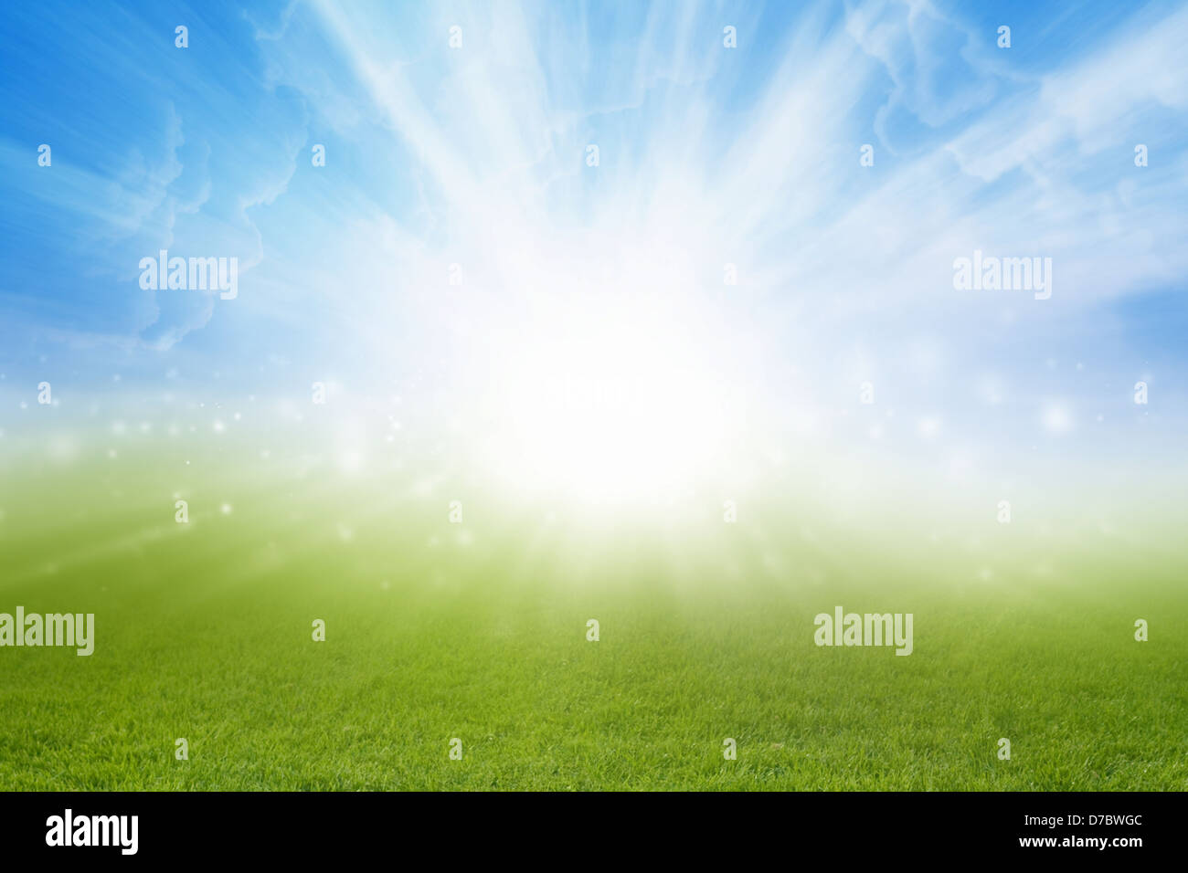 Peaceful abstract background - bright sun, green field, blue sky Stock ...