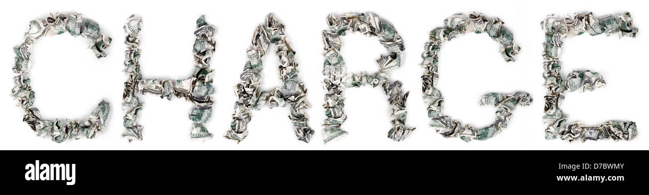 The word 'charge', made out of crimped 100$ bills. Isolated on white ...
