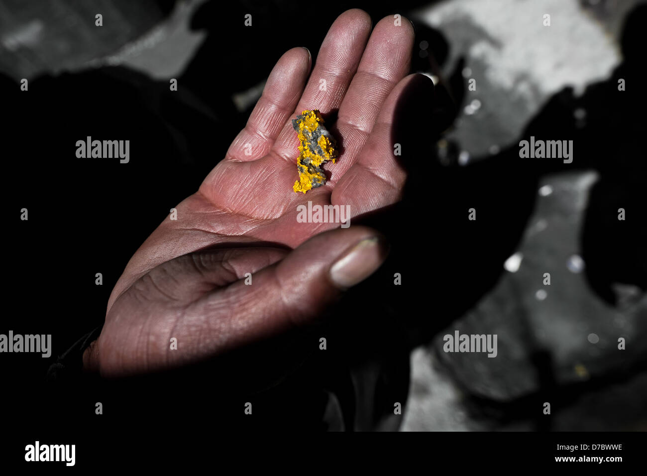 A gold nugget seen on the hand of a miner in the gold mines of La ...