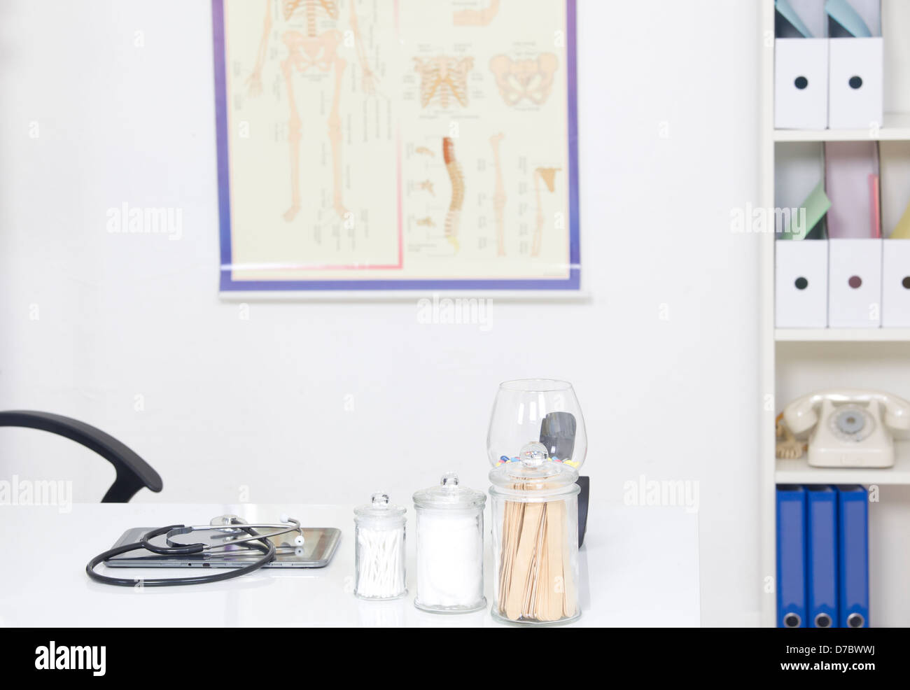 Doctor's office desk with medical supplies documents stethoscope Stock ...