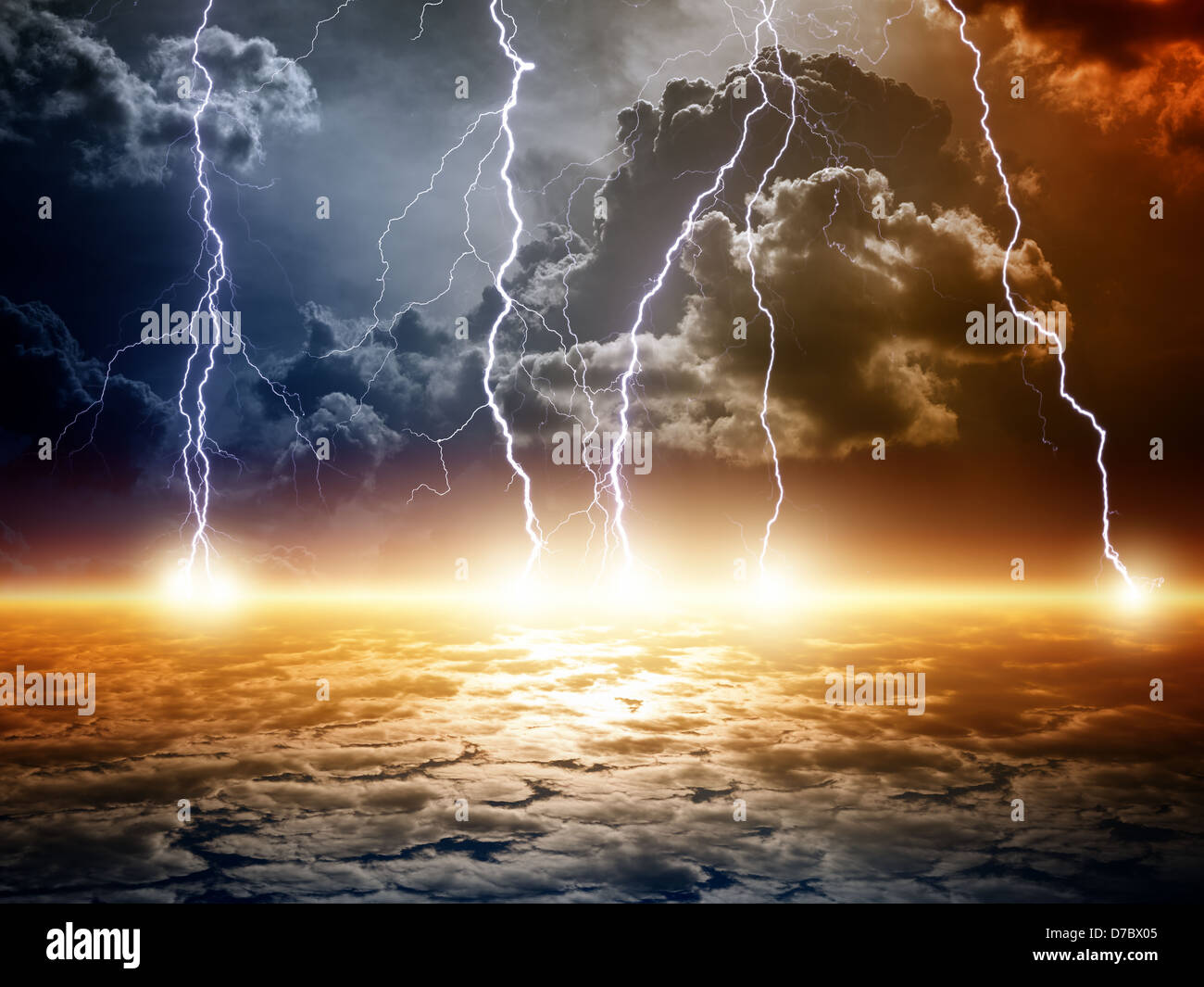Dramatic apocalyptic background, end of world, bright lightnings ...