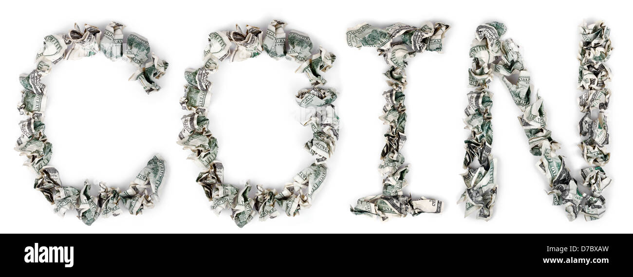 The word 'coin', made out of crimped 100$ bills. Isolated on white ...