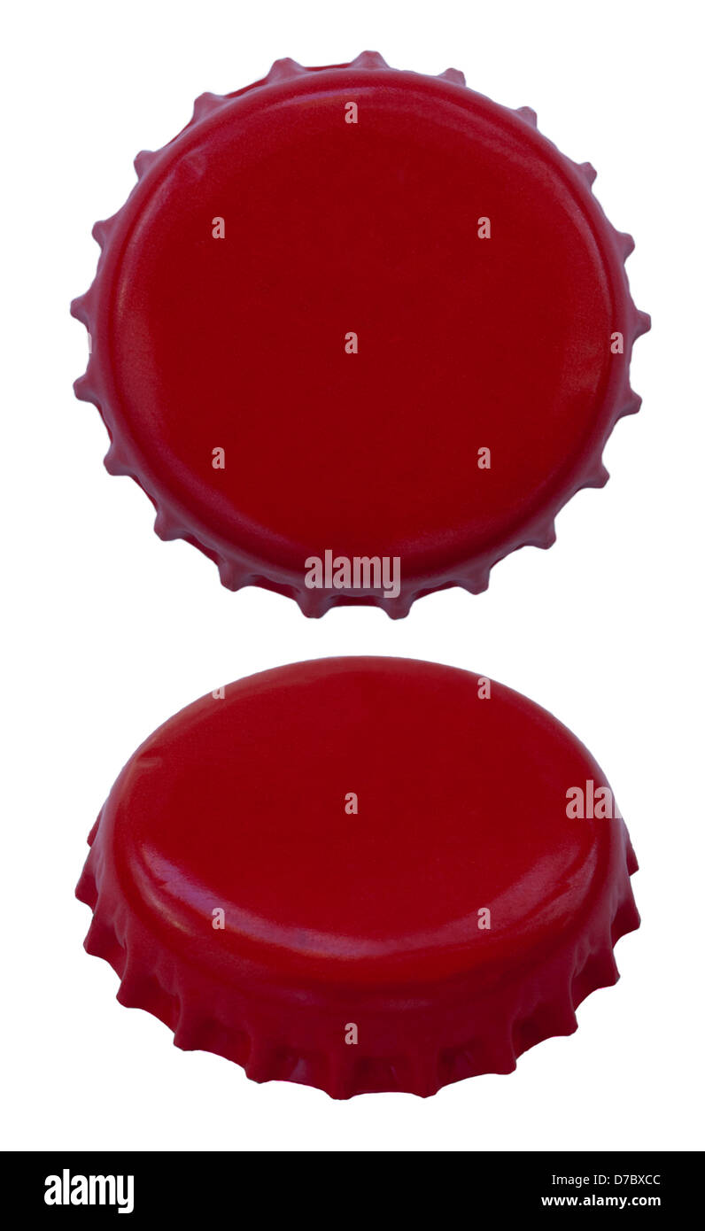 Two angles of a red colored metal cap, used for glass soda bottles ...