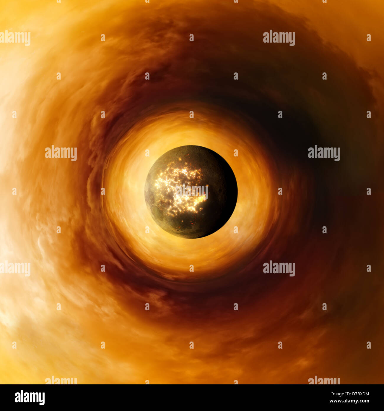 Abstract scientific background - exploding planet in red burning sky ...