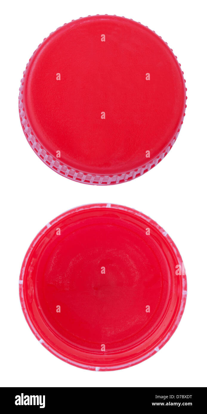 Two angles of a red plastic bottle cap. One of the top side and one of ...