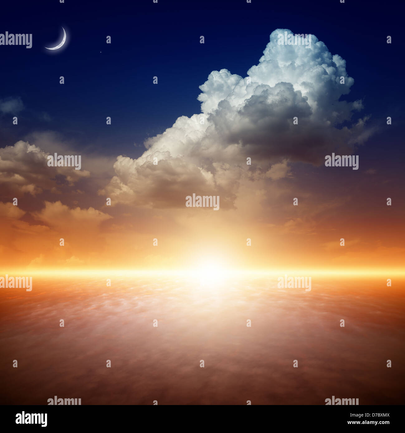 Beautiful nature background - red sunset, bright sun, moon and star in ...