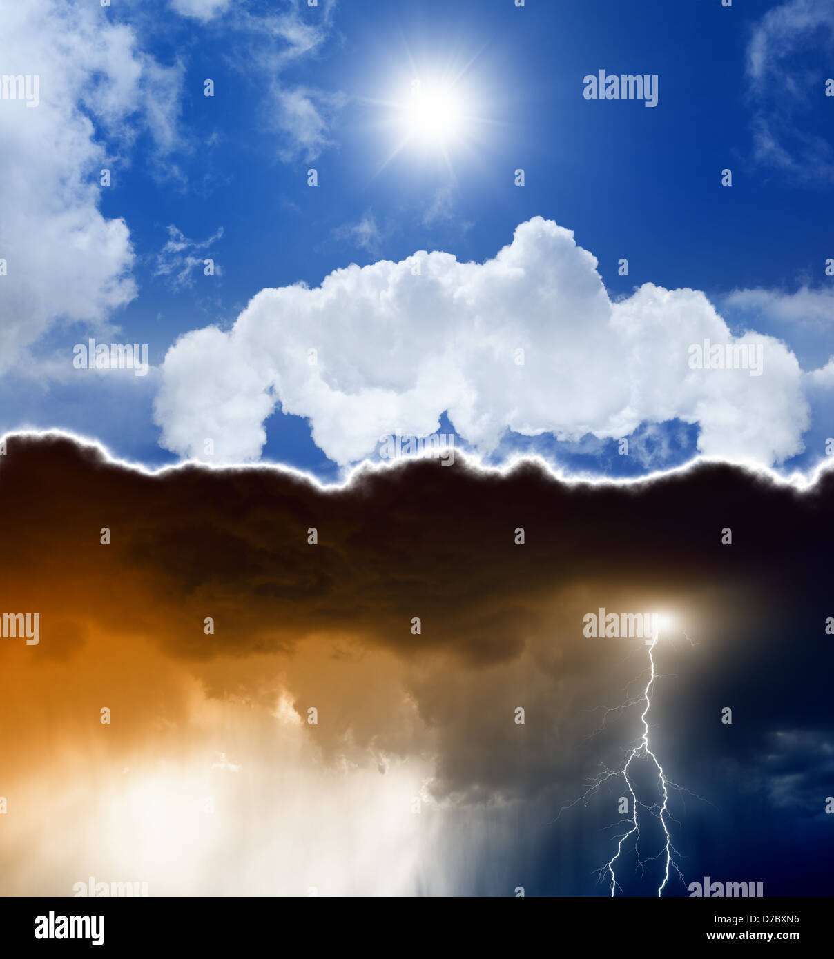 Heaven and hell. Good vs evil. Bright and dark sky with lightning Stock ...