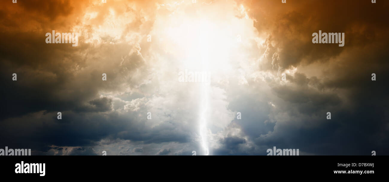 Apocalyptic background - sun, lightning and clouds in dramatic dark sky ...