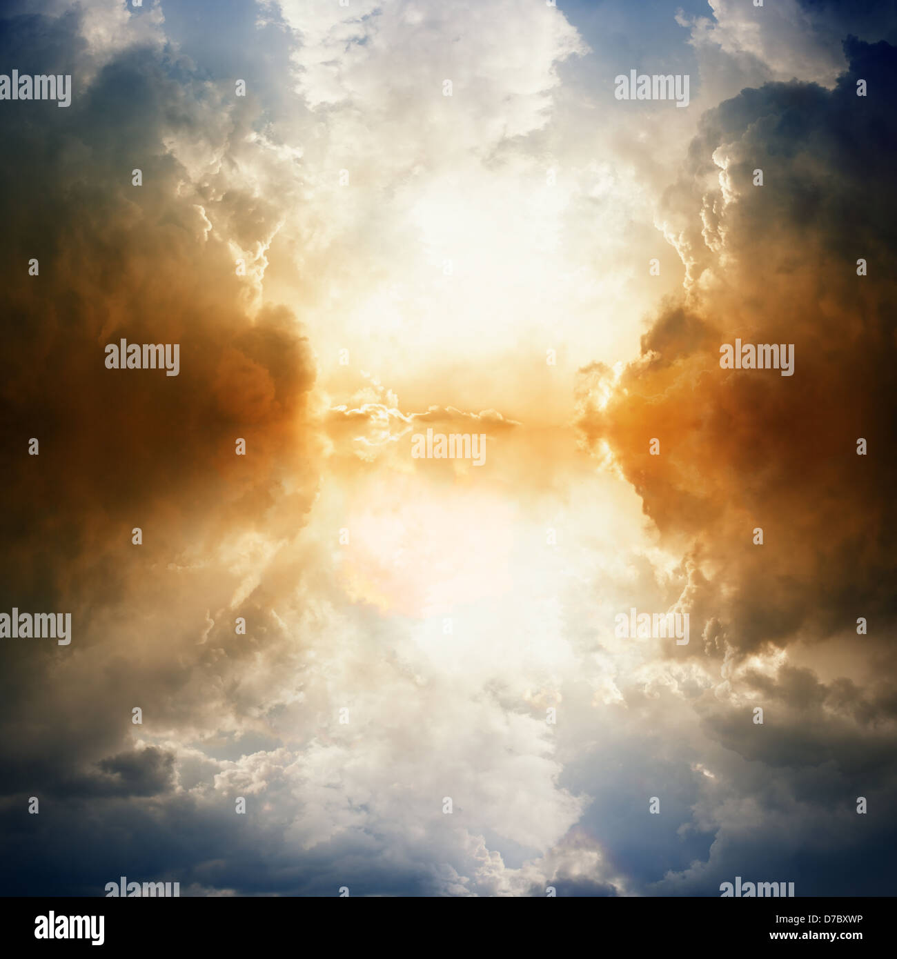 Dramatic background - dark sky, bright light, reflection in water Stock ...