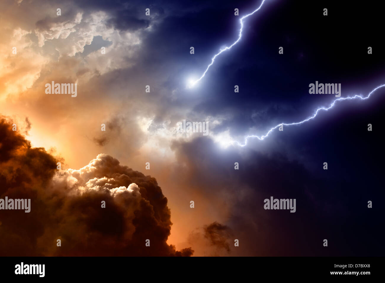 Dramatic background - dark sky and clouds with two lightnings, hell ...