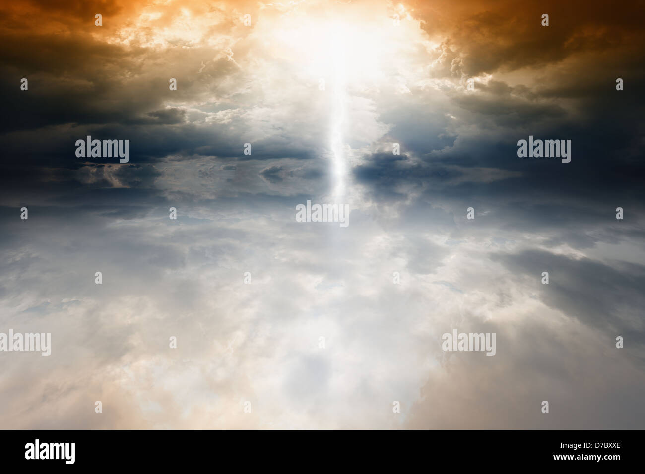 Dramatic sky with lightning, sea, reflection of clouds in water, sunset ...