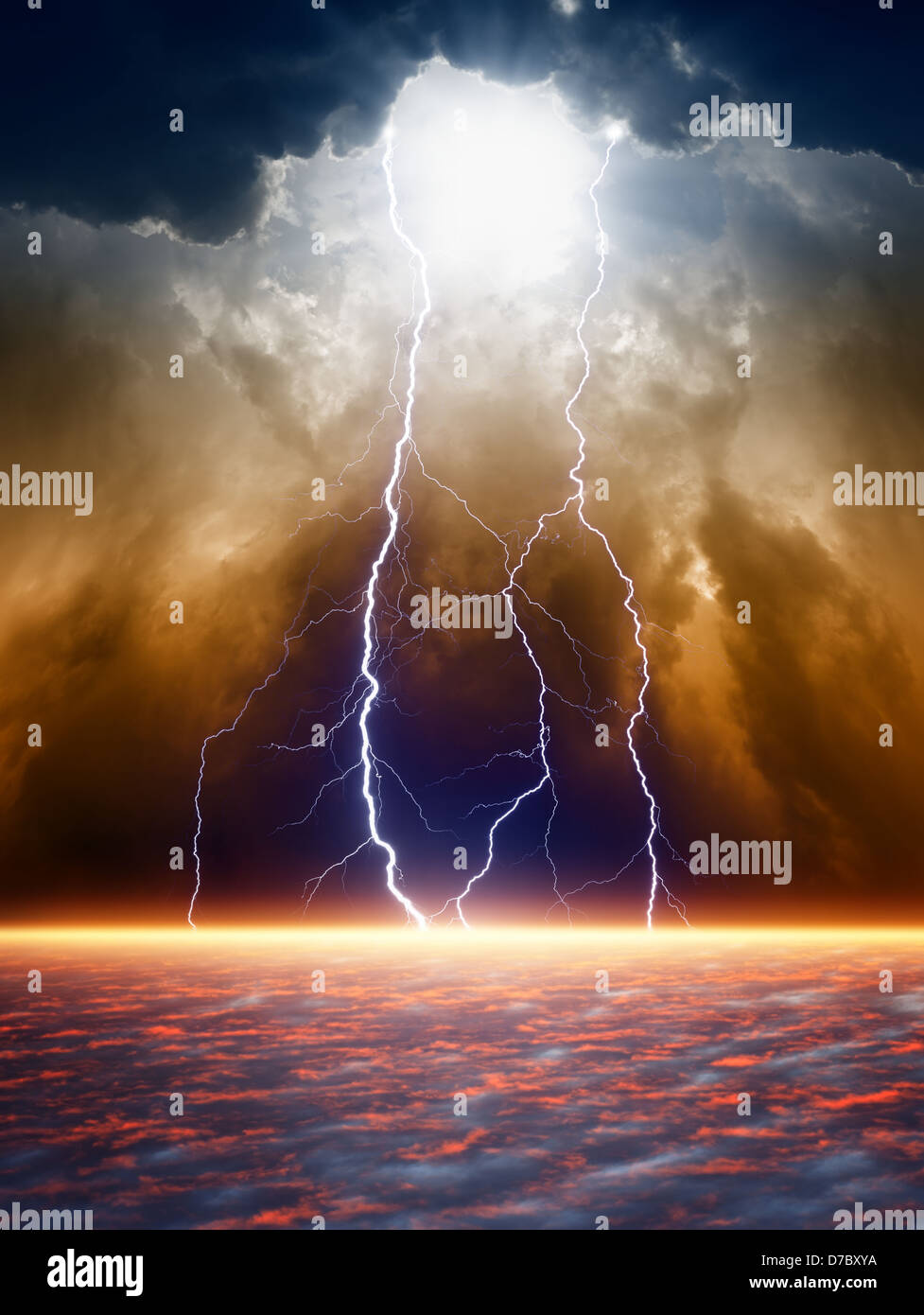 Dramatic apocalyptic background, end of world, bright lightnings, light ...