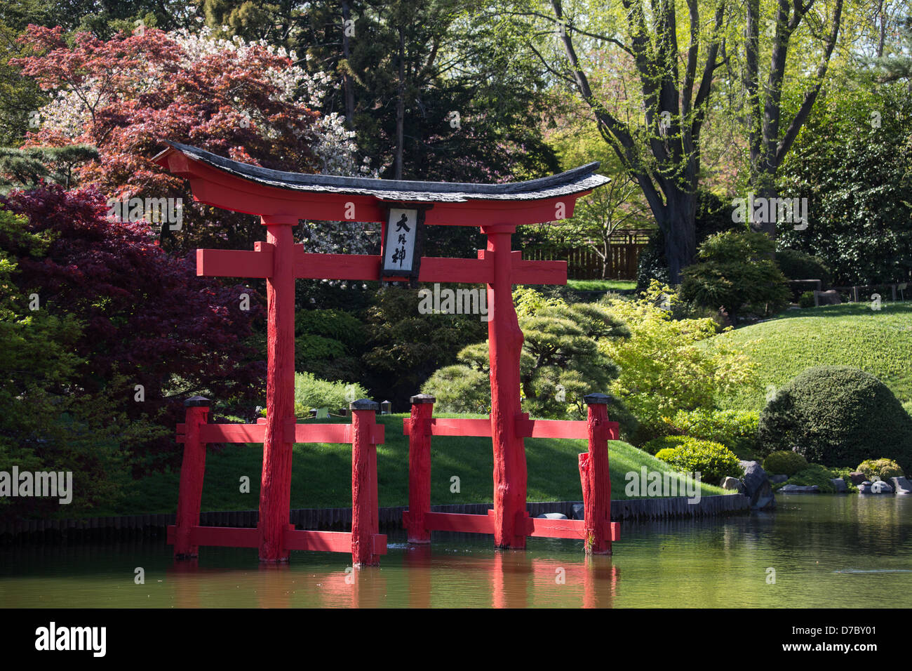 The red gate in the Japanese Garden at the Brooklyn Botanic Garden, New ...