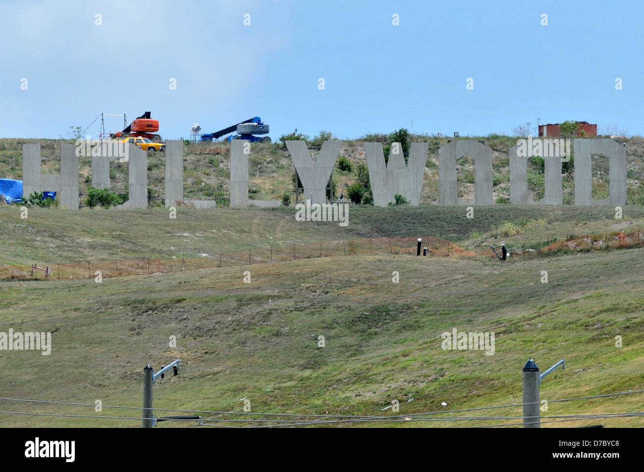 Atmosphere A replica of the famous 'Hollywood' sign appears on top of a ...