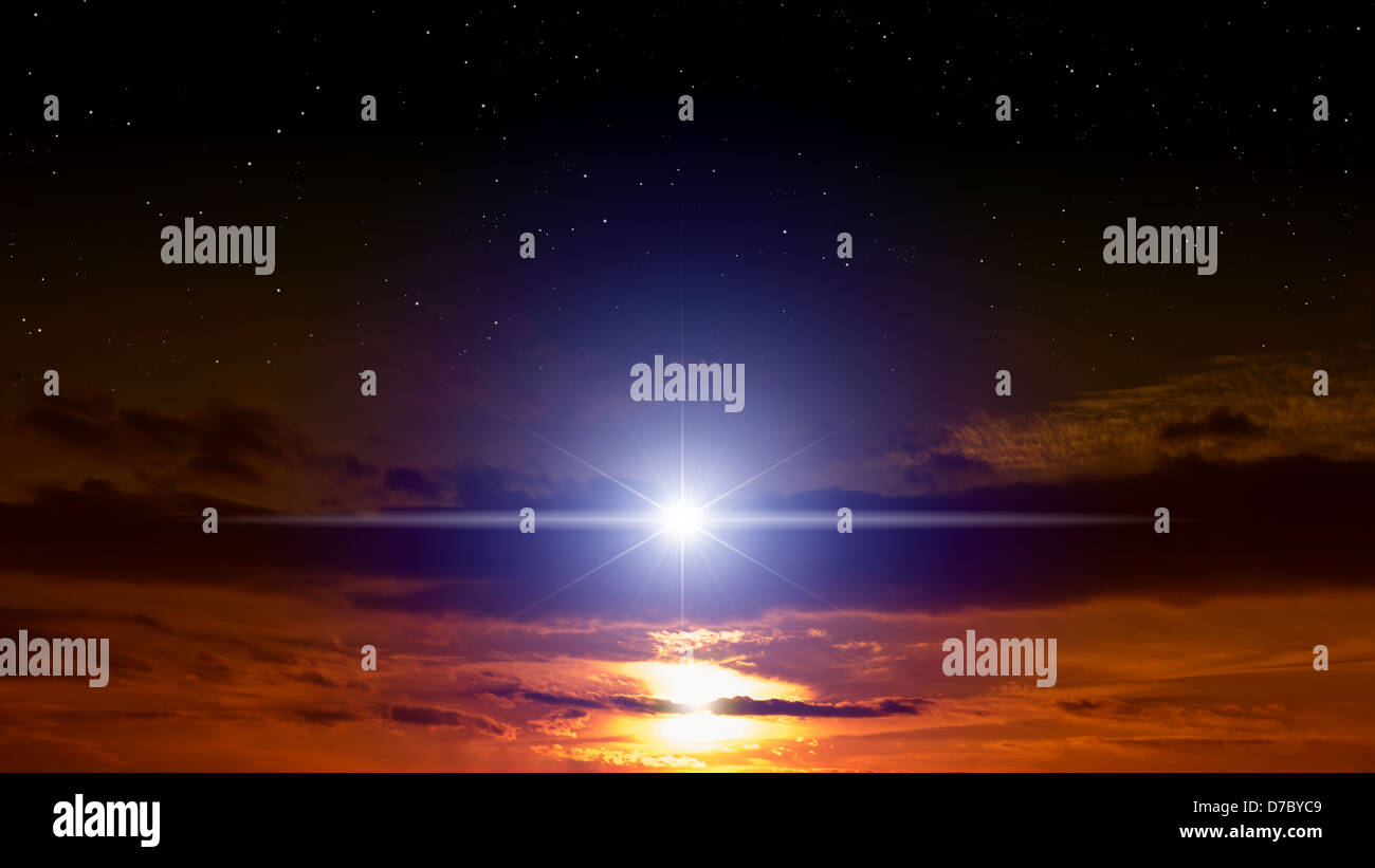 Mysterious bright blue star in dark sunset sky Stock Photo - Alamy