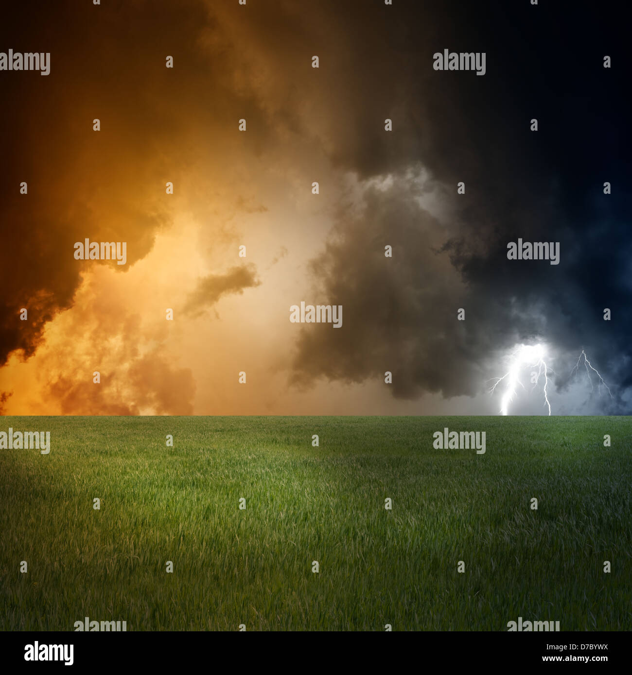 Nature force background - landscape with green field, dark sky and ...