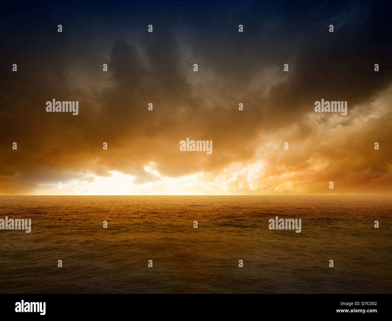 Abstract apocalyptic background - dramatic red sunset over sea, end of ...