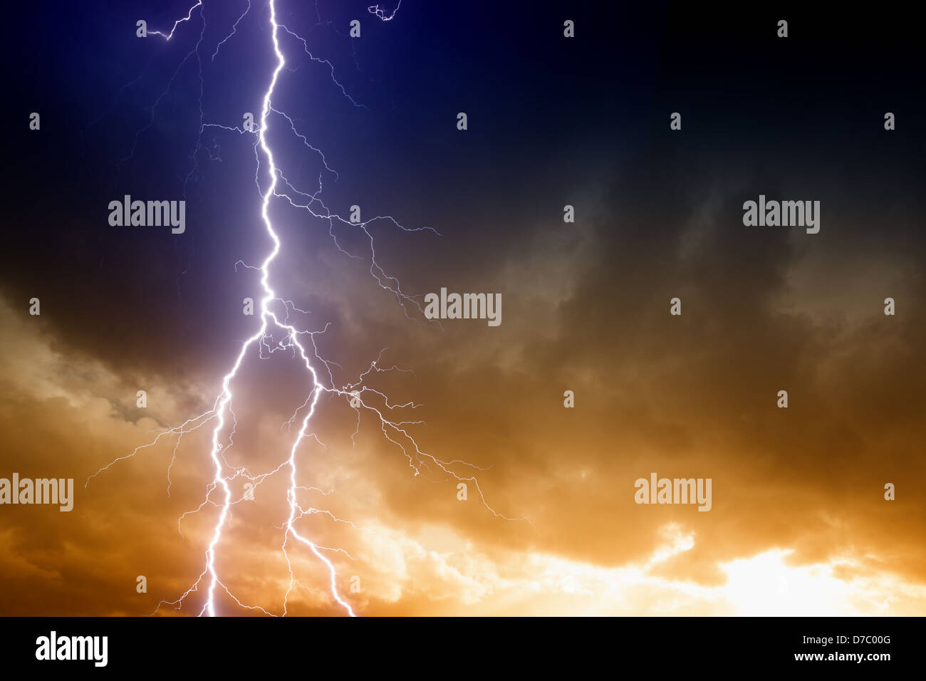 Dramatic background - lightning on sunset sky with dark clouds Stock ...