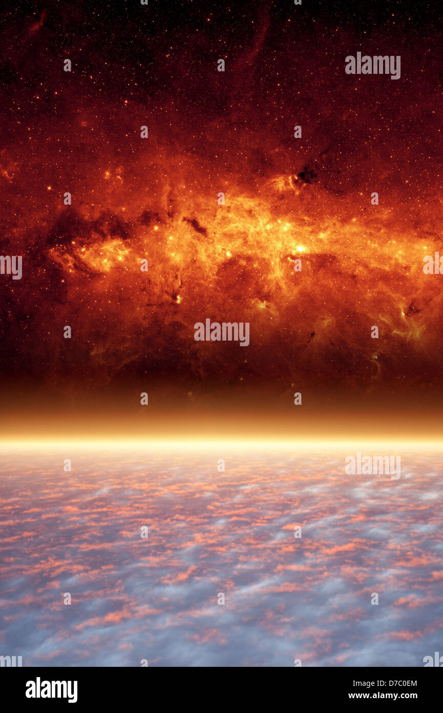 Abstract scientific background - planet from space, red galaxy ...