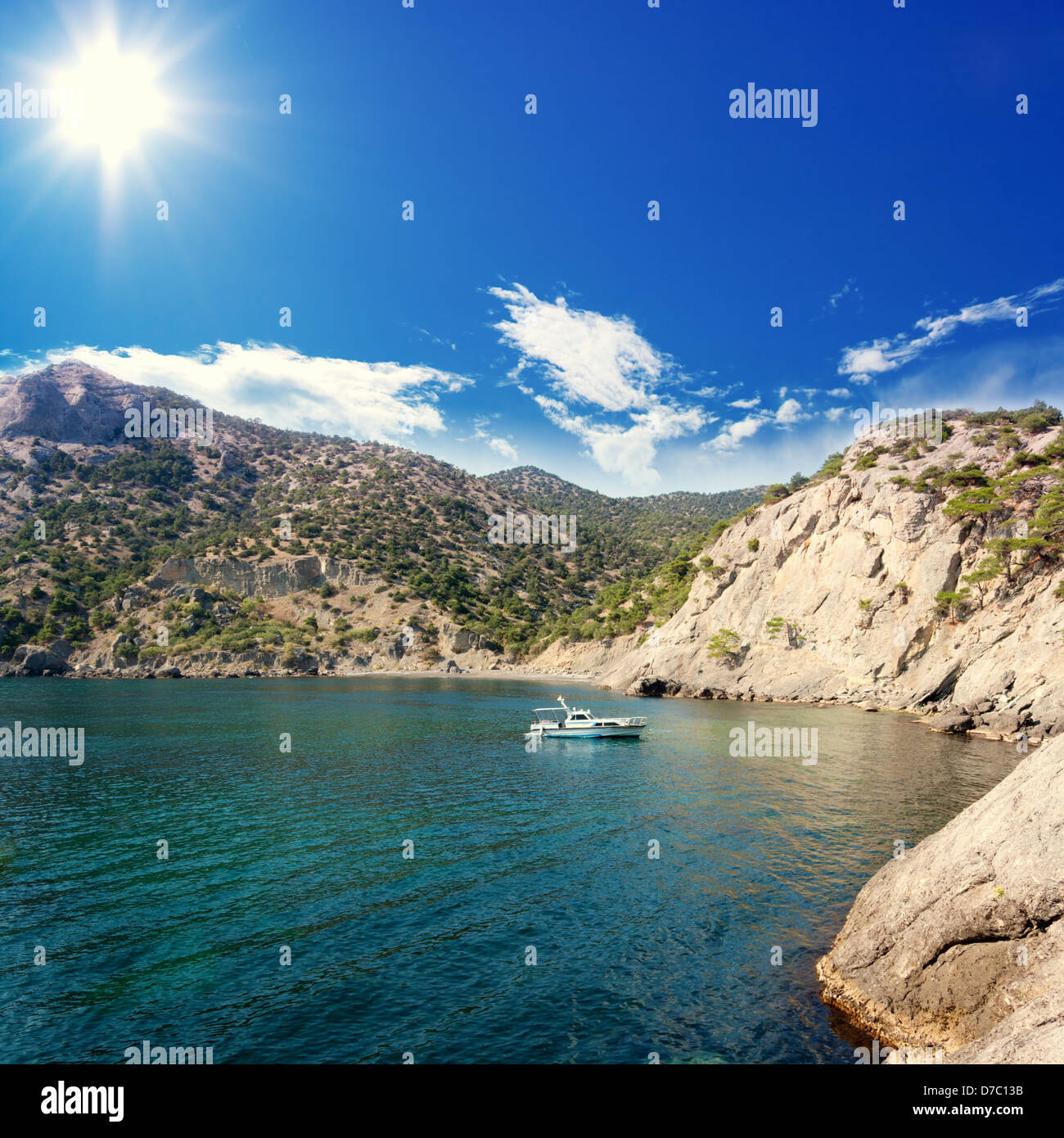 Travel, vacation background - mountains, deep blue sea, beautiful sky ...
