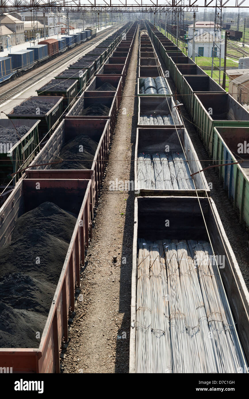 Cargo transportation, freight trains with goods on railway Stock Photo ...