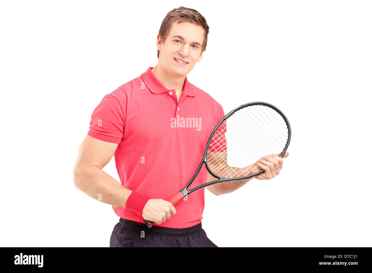 A young man holding a tennis racket isolated on white background Stock ...