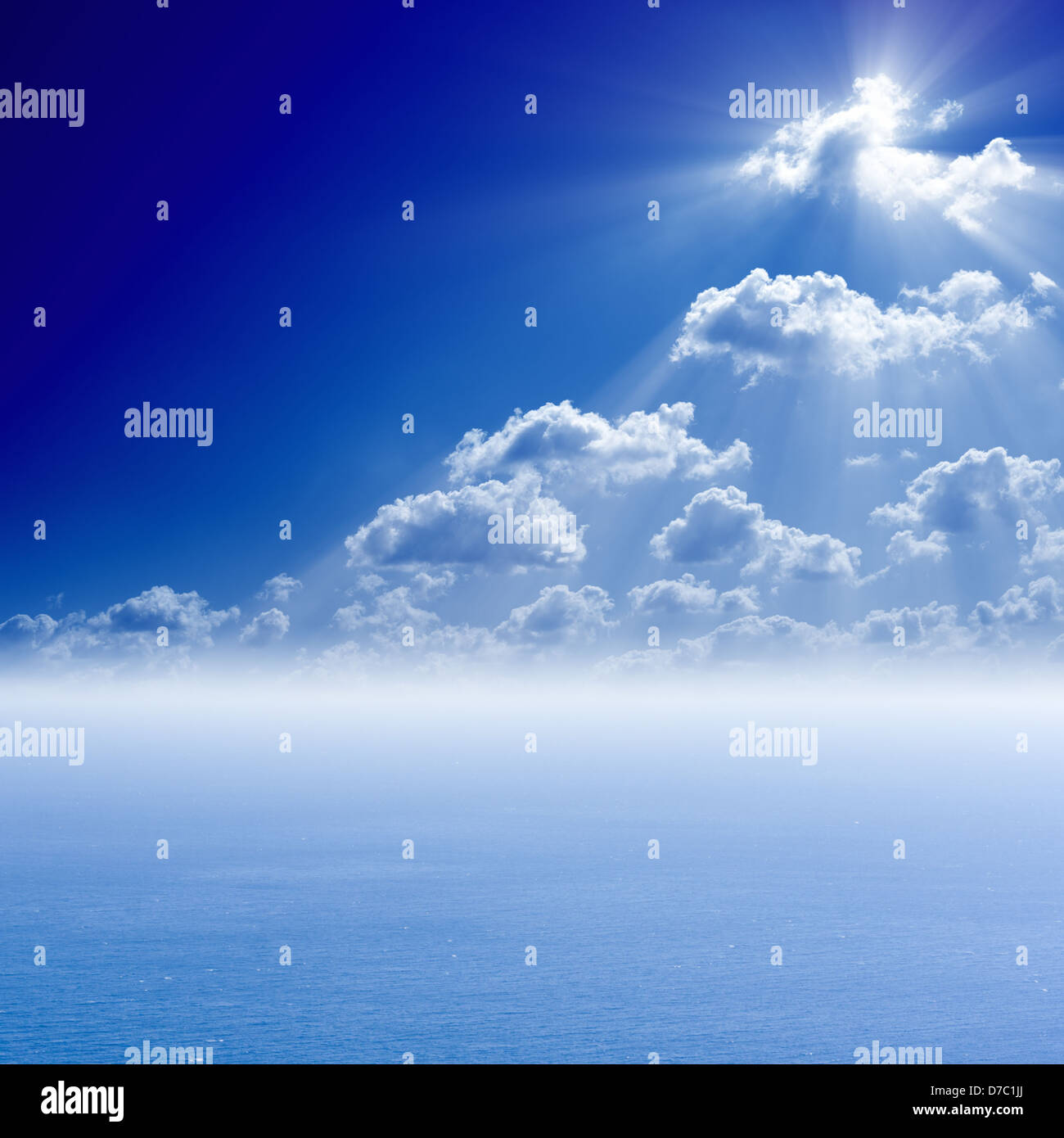 Peaceful sea background, bright sun shines from white clouds - heaven ...