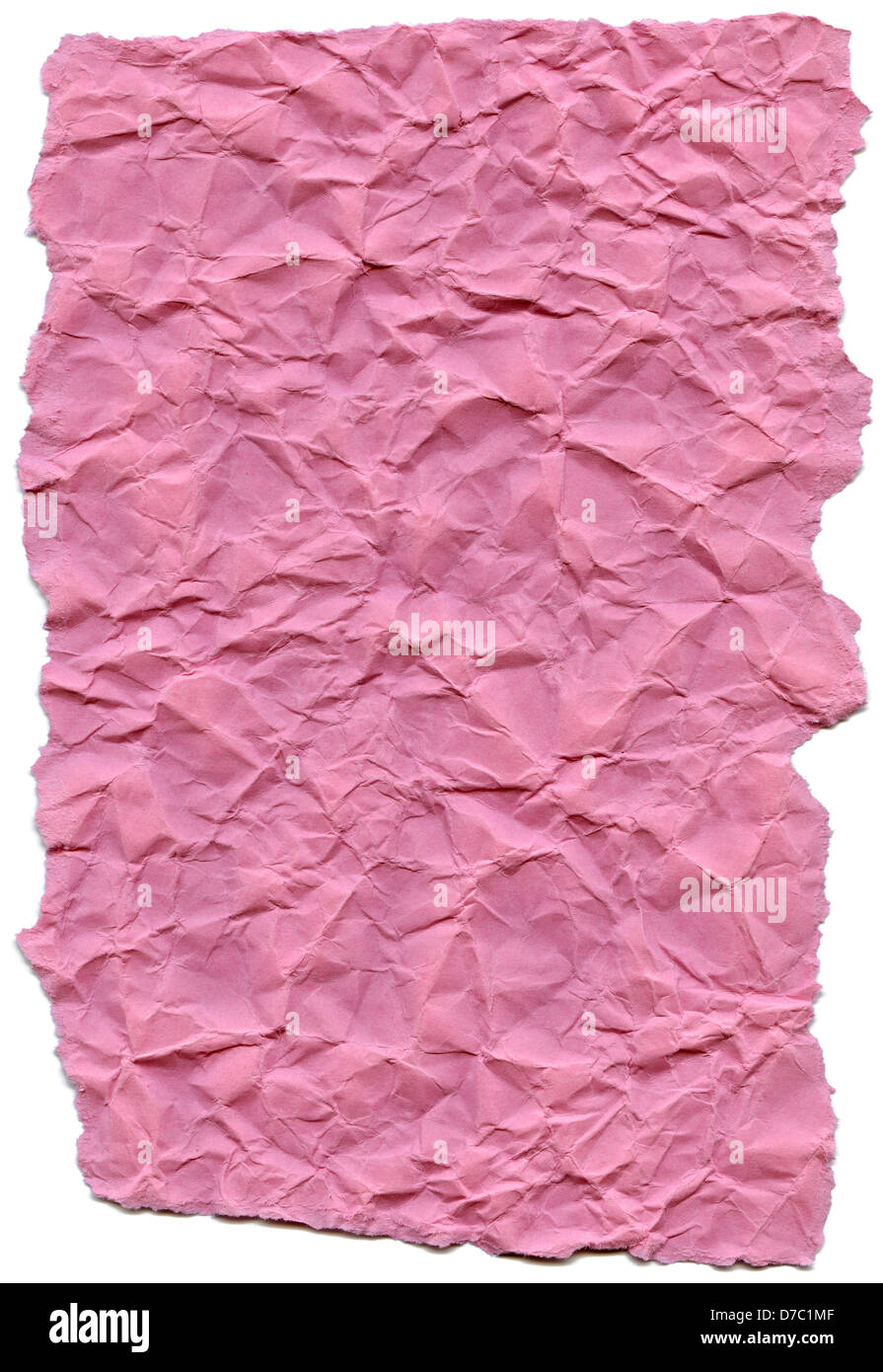 Texture pink crumpled fiber paper torn edges isolated on white ...