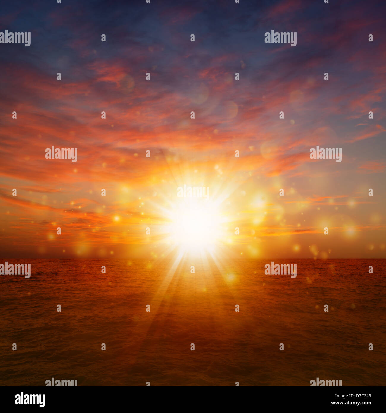 Beautiful sunset background - bright sun shines, red sea Stock Photo ...