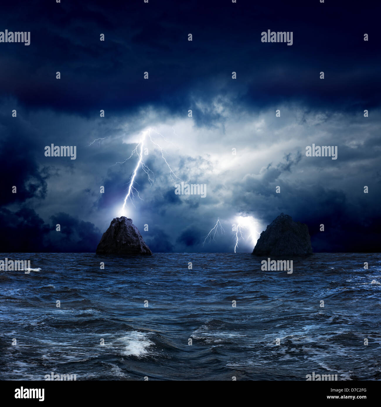 Dramatic nature background - lightnings in dark sky, two rocks in ...