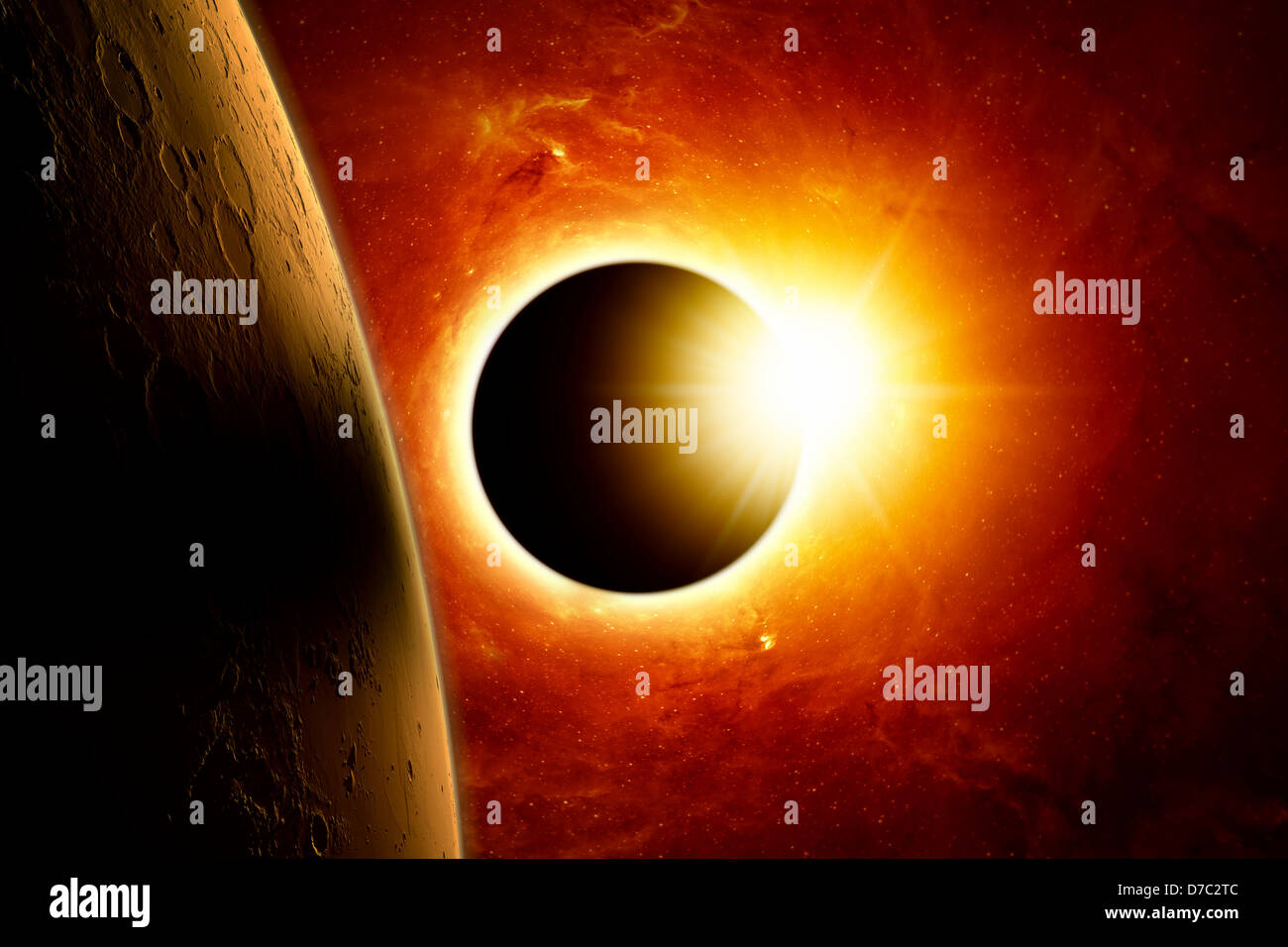 Abstract scientific background - planet mars, full sun eclipse ...