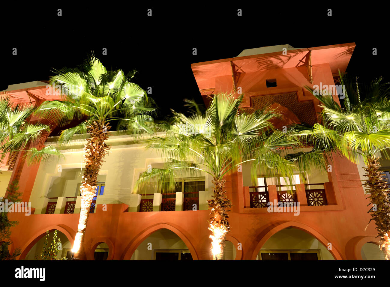 The building of luxury hotel in night illumination, Hurghada, Egypt ...