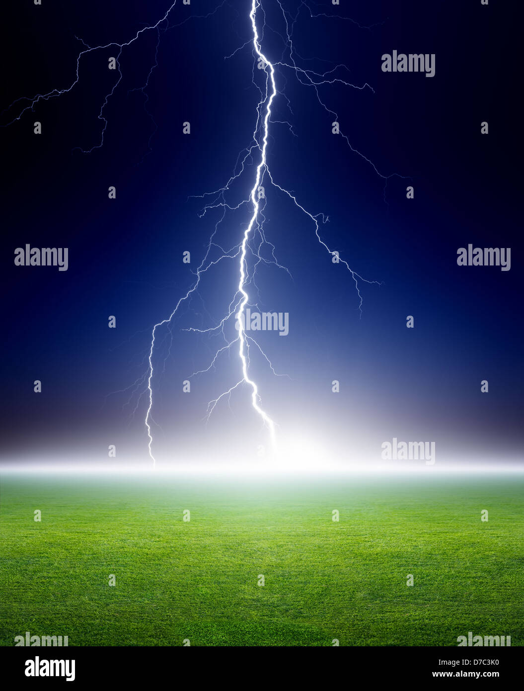 Big bright lightning, grenn grass field, dark blue night sky Stock ...