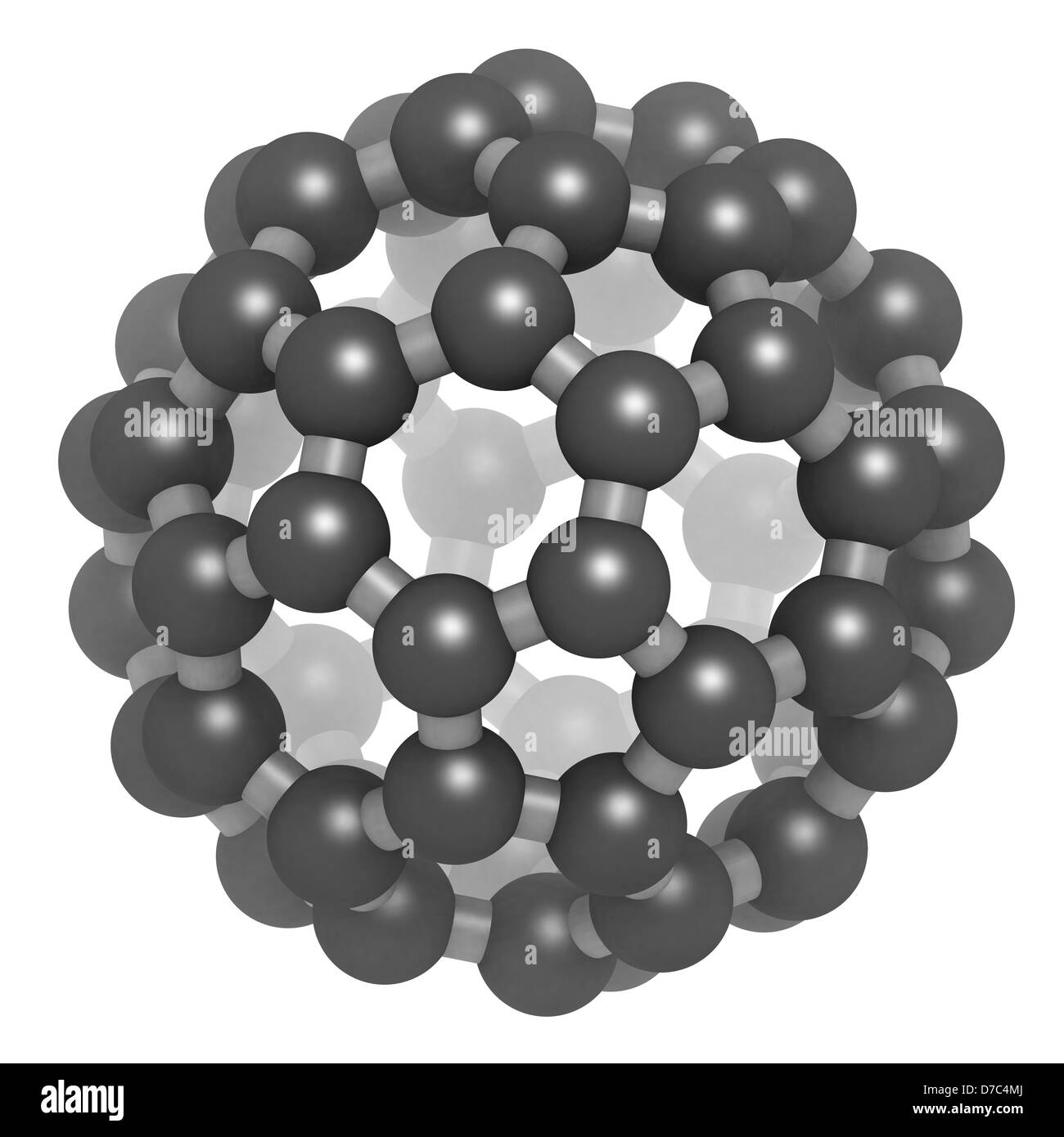 Buckminsterfullerene (buckyball, C60), molecular model. Atoms are ...