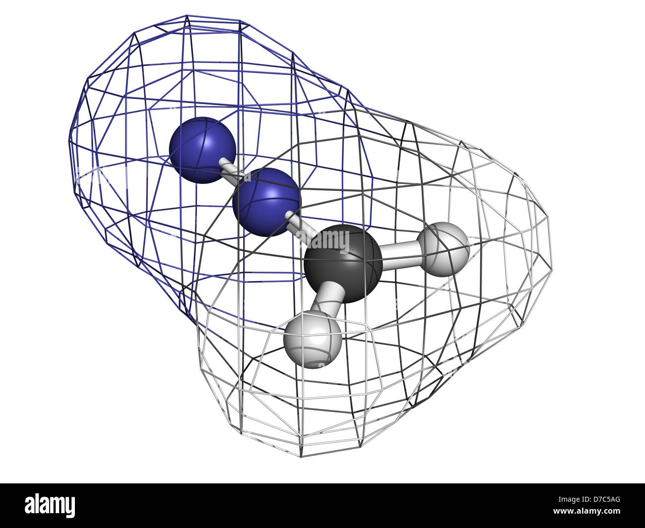 Diazomethane (CH2N2) explosive chemical, molecular model. Atoms are ...