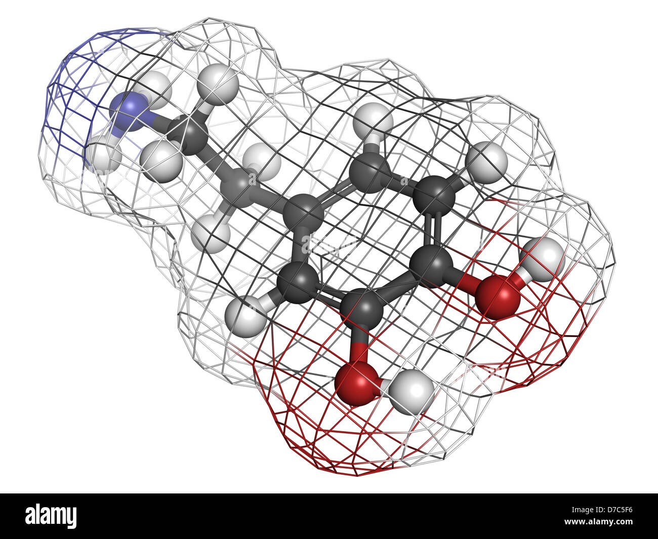 Dopamine neurotransmitter molecule, chemical structure. Atoms are ...