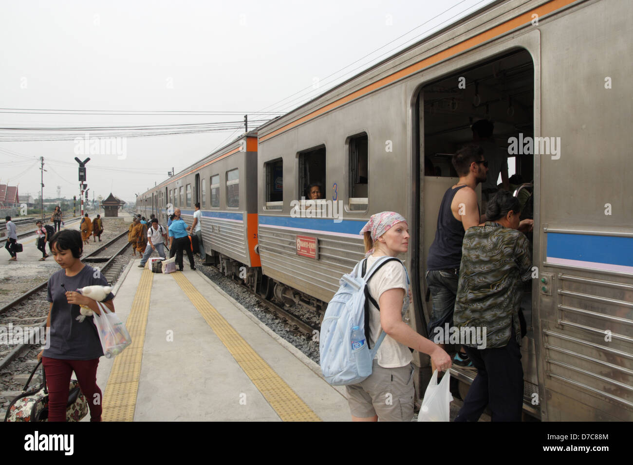 People taking the train at Ayutthaya train station , Thailand Stock ...